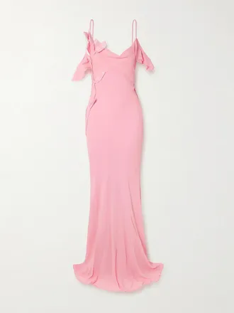 Self Portrait Robe Longue Épaules Nues En Georgette À Appliqués Et À Volants - Rose
