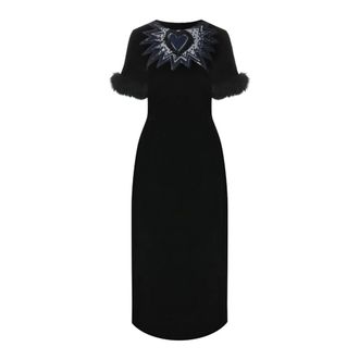 Fendi Schwarzes Samt Midi Kleid mit Pelzbesatz - - Dresses - Damen - Schwarzk - XS