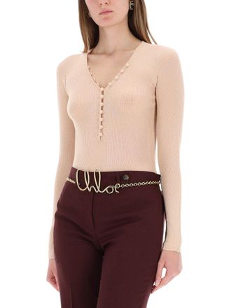 Chlo&eacute; Ribbed Wool Knit Sweater - Pink