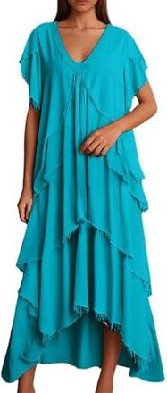 Generic Robe amincissante en lin pour femme - Manches courtes - Col en V - Grande taille - D&eacute;contract&eacute;e - Longue plage, bleu ciel, XXL