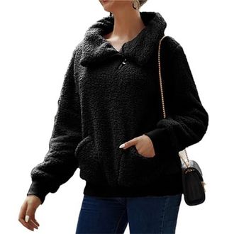 Generic Sweat-shirt d&eacute;contract&eacute; &agrave; manches longues pour femme, col &agrave; revers, col &agrave; revers avec poches, coupe d&eacute;contract&eacute;e, taille XL, pour le quotidien, le tra