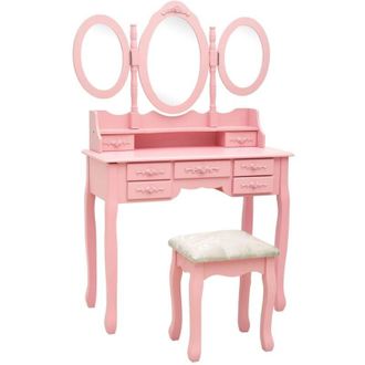 vidaXL Coiffeuse avec tabouret et miroir pliable en 3 Rose
