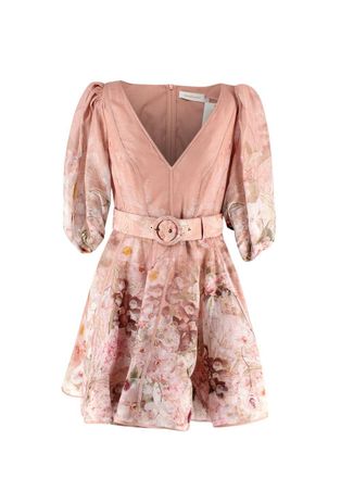 Zimmermann Dancer Belted Floral-Print Silk And Linen-Blend Organza Mini Dress Size S