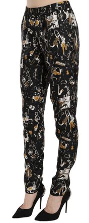 Dolce & Gabbana Womens Black Jazz Club Print High Waist Tapered Pants Silk