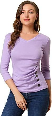 Allegra K Femmes Haut Froncé Manches 3/4 Col V Violet Clair S