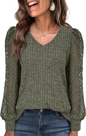 Generic Hauts d&eacute;t&eacute; d&eacute;contract&eacute;s et polyvalents pour femme, couleur unie, col en V, haut en dentelle, chemisiers en tricot c&ocirc;tel&eacute;, &agrave; manches longues, couche de