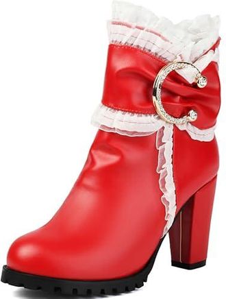 SJJH Bottines &agrave; talon de 8,5 cm - Bottes tendance pour femme - Plateforme de 1 cm - Bout rond - Confortables, rouge, 32 EU