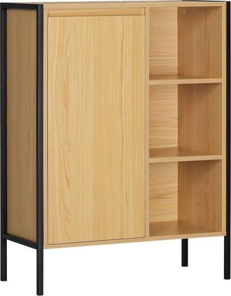 Kleankin Kleankin - Meuble salle de bain - porte, étagère, 3 niches - dim. 60L x 28l x 80H cm - châssis acier noir panneaux aspect bois clair