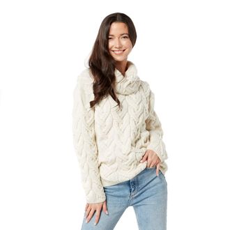 Aran Woollen Mills 100% Superweicher Merinowolle Chunky Zopfmuster Aran Pullover, in Natur/Ozeangrau/Meeresblau (Natur, X-Large)