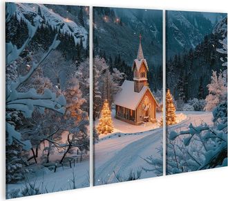 Islandburner Prime Bild auf Leinwand Winterliche Kapelle im Schnee mit festlicher Beleuchtung - Leinwand 130x80cm - 3 Teile
