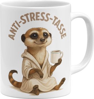 OM3 Erdmännchen Anti-Stress Kaffee-Tasse - Lustige Meerkat Keramiktasse mit Tier-Motiv - Keramik Becher - 325ml - Beidseitig Bedruckt - Weiss