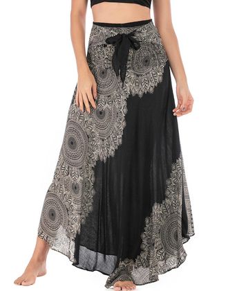 Feoya Freizeit Urlaub Sommerrock Lang Gedruckter Rock Damen Chiffon Bohemien Maxirock Verstellbares Riemen Kleid Strandkleider - Muster 9