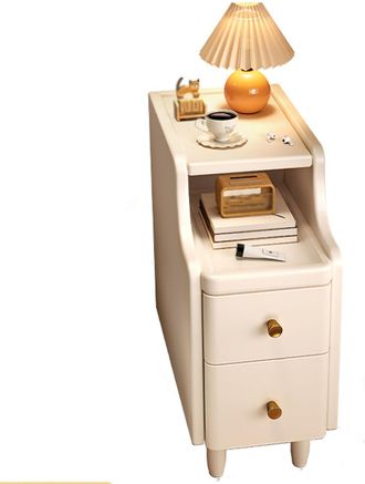 Generic Schmaler Nachttisch Aus Massivholz Mit 2 Schubladen Und Offenem Regal, Mid Century Modern Nachttisch for Schlafzimmer, Keine Montage Erforderlich(Whit