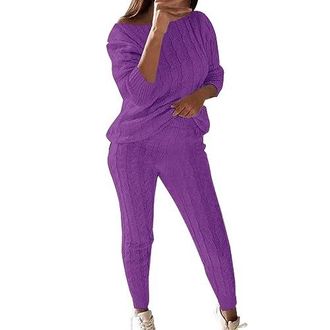 Generic Surv&ecirc;tements 2 pi&egrave;ces en tricot pour femme - Ensemble solide &agrave; col rond pour femme - V&ecirc;tements de d&eacute;tente chauds pour femmes - Ensemble de v&ecirc;tements d