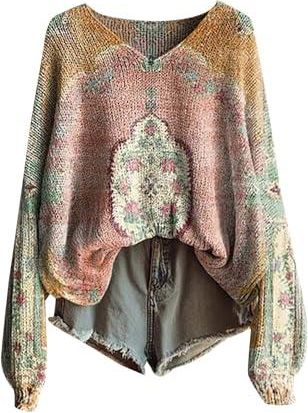 Generic Pull décontracté imprimé pour femme, pull doux rétro grande taille pour femme, pull léger en tricot chaud, col rond, confortable, pour femme, automne 