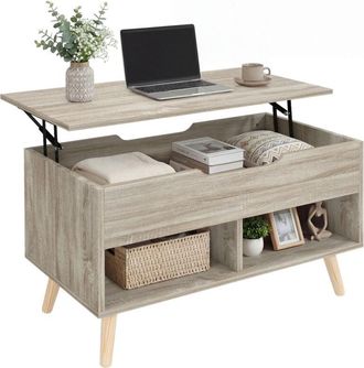 HOMCOM Table basse relevable - HOMCOM - compartiment cach&eacute; et &eacute;tag&egrave;res ouvertes - m&eacute;tal et bois - 75 x 40 x 58 cm - bois naturel