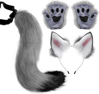 Generic Costume de loup pour femme - Kit oreilles et gants r&eacute;alistes en forme de queue de loup pour filles, facile &agrave; porter, accessoire de tenue dHalloween po