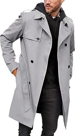 Minetom Homme Manteau Longue Trench Coat Hiver avec Ceinture Double Boutonnage Pardessus Col Revers Outwear Parka Blouson A Gris XL