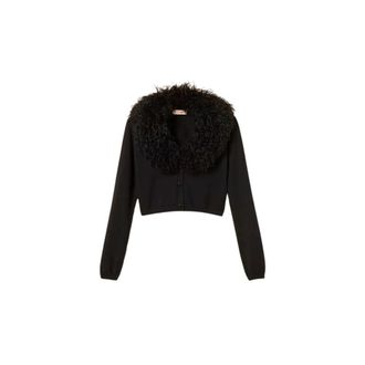 Twinset Cropped Cardigan mit Kunstpelz - - Knitwear - Damen - Schwarzk - M