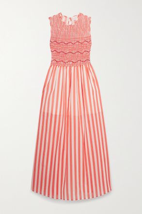 Loretta Caponi + Net Sustain Gioia Midikleid Aus Gestreifter Baumwollpopeline Mit Stickereien - Orange