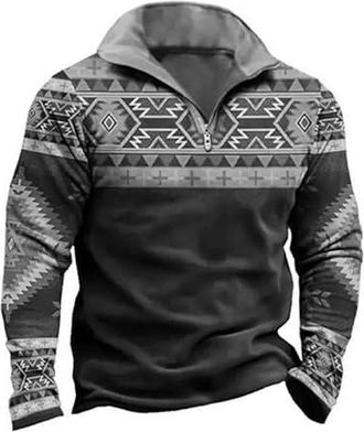 Keephen Sweatshirt à Manches Longues pour Hommes Polo à col Montant et Demi-Fermeture éclair à Motif aztèque Occidental Polo Tactique dextérieur Vintage et us