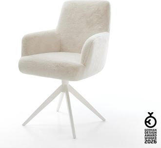DELIFE Drehstuhl Heira-Flex mit Armlehnen Pl&uuml;sch Creme-Wei&szlig; Kreuzgestell breit Wei&szlig; 360&deg; drehbar Wippfunktion Taschenfederkern, Esszimmerst&uuml;hle
