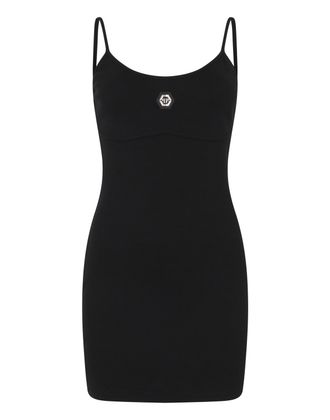 Philipp Plein Cotton Rib Short Tank Dress Crystal Hexagon