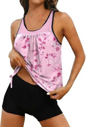 Generic Maillot de bain tankini deux pi&egrave;ces pour femme avec short boyleg - Contr&ocirc;le du ventre - Taille haute - D&eacute;bardeur de bain vintage &agrave; imprim&eacute; floral - Po