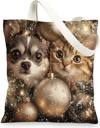 Generic Sac fourre-tout en toile avec inscription &laquo; Merry Christmas Balls &raquo; pour le shopping - 33 x 38 cm - Motif : chat et chien - R&eacute;utilisable - Pour femme,
