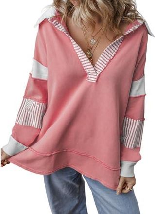 Generic Chandail surdimensionn&eacute; &agrave; blocs de couleurs pour femmes, polo &agrave; col en V, chemises &agrave; manches longues, style d&eacute;contract&eacute; et ample, rose, XXL