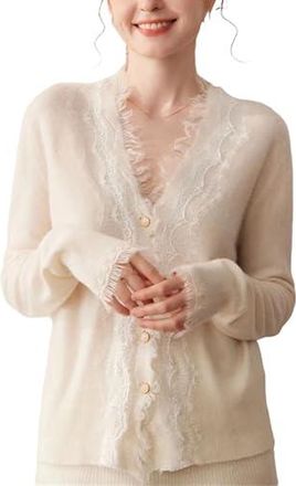 Generic Cardigan dhiver 100 % cachemire pour femme en dentelle tricot&eacute;e avec col en V, beige, Taille S