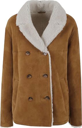 ENES Doppelreihiger Mantel mit Shearling-Kragen - Braun