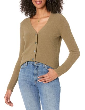 The Drop Damen Francine Cardigan mit V-Ausschnitt und Knopfleiste, kuscheliges Design, Capers Olive, XS