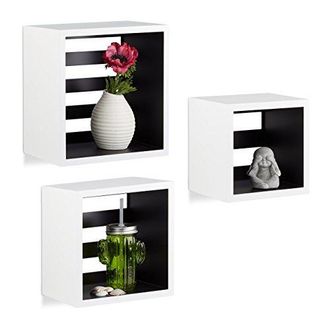 Relaxdays Hängeregale Cube, Wandregal 3er Set, quadratische Würfel Regale für Wand, schwebende Regale, MDF, weiß/schwarz