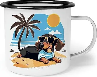 OM3 Jolie tasse en &eacute;mail avec teckel sur la plage - Motif chien chien - Tasse en &eacute;mail r&eacute;tro - 300 ml - Imprim&eacute; des deux c&ocirc;t&eacute;s - Blanc/noir
