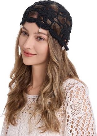 ZLYC Bonnet en Coton crocheté pour Femme, Perles Noires, Taille Unique