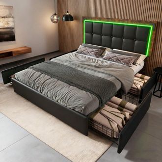 Generic Funktionsbett mit h&ouml;henverstellbarem Kopfteil und 4 Schubladen, 160x200 cm Polster-Doppelbett in PU Schwarz mit LED-Beleuchtung, ohne Matratze