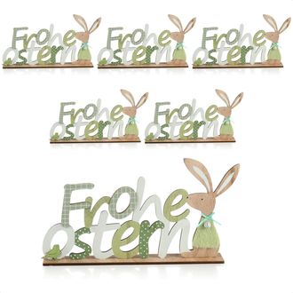 Com-Four 6X Deko Aufsteller Frohe Ostern - Schriftzug mit Osterhasen - Osterdeko zum Hinstellen - Osterdekoration aus Holz mit Glöckchen (6 Stück - Hase und Vo