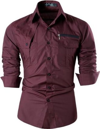 Jeansian Homme Chemises Casual Shirt Tops Mode Men Slim Fit 8371 WineRed XL