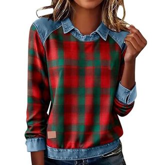 Generic Haut habill&eacute; &agrave; carreaux pour femme - Haut &agrave; manches longues pour femme - Tunique &eacute;l&eacute;gante pour sortir, chemise l&eacute;g&egrave;re et d&eacute;contract&eacute;e, coupe ample, ha