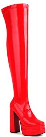 Generic Bottes Femme Haute Montant à Plateforme Bout Carré Talon Large Élastique Confortable et Élégante pour Look Stylé,Rouge,42 EU