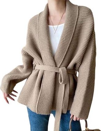 Generic Cardigan en tricot pour femme avec ceinture - Cardigan ample surdimensionn&eacute; - Kaki uni - Chaud - &Agrave; lacets - Manteaux tendance, Kaki, taille unique