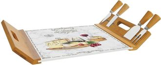 Easy Life Käseschneidebrett, Glas und Bambustablett mit 4 Les Fromages-Messern 44x28 cm