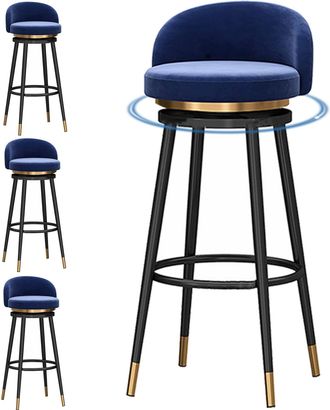 Generic Set Aus 4 Drehbaren Thekenhockern Mit Samtpolsterung Und R&uuml;ckenlehne - Blau, 65/75 cm Sitzh&ouml;he(Blue-2,65cm)