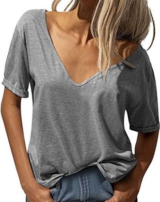 Generic Femme Tee Shirt Sport D&eacute;contract&eacute; Confortable T-Shirts Top Manche Court D&eacute;t&eacute; L&acirc;ches Basiques T-Shirt Coton Imprim&eacute; &Agrave; Col V Tops Blouse Manches Courtes