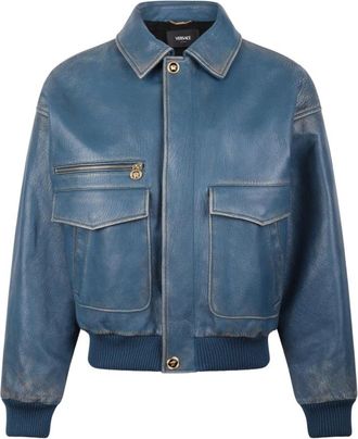 Versace Homme, Vestes, Bleu, Taille: M Pocket Zip Leather Jacket