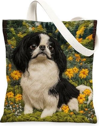 Generic Sac fourre-tout en toile motif chien japonais pour faire du shopping, 33 x 38,1 cm, style tricot&eacute;, sac d&eacute;picerie r&eacute;utilisable pour femme, peinture est