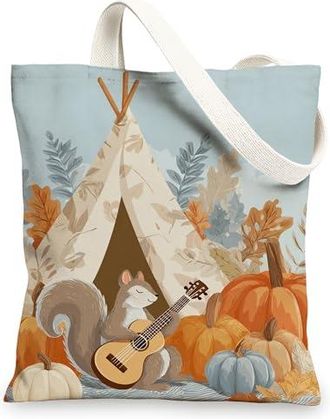 Generic Sacs fourre-tout en toile rustique, motif écureuil fantaisie, sacs à provisions réutilisables, légers et lavables avec bandoulière, bleu, 13x15 Inch