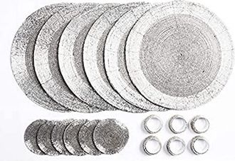Penguin Home Set mit 18 Glasperlen Platzdeckchen, Untersetzern und Serviettenringen - silberfarben - runde Tischsets - handgefertigt von erfahrenen indischen Kunst