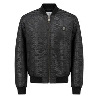 Philipp Plein Nylon-Bomberjacke mit Jacquard-Monogramm - - Jackets - Herren - Schwarzk - 3XL